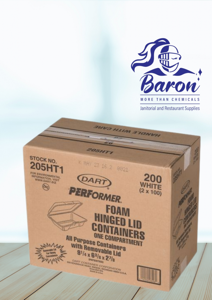 205HT1 DART White Foam Take Out Container with Perforated Hinged Lid - Baron Chemicals